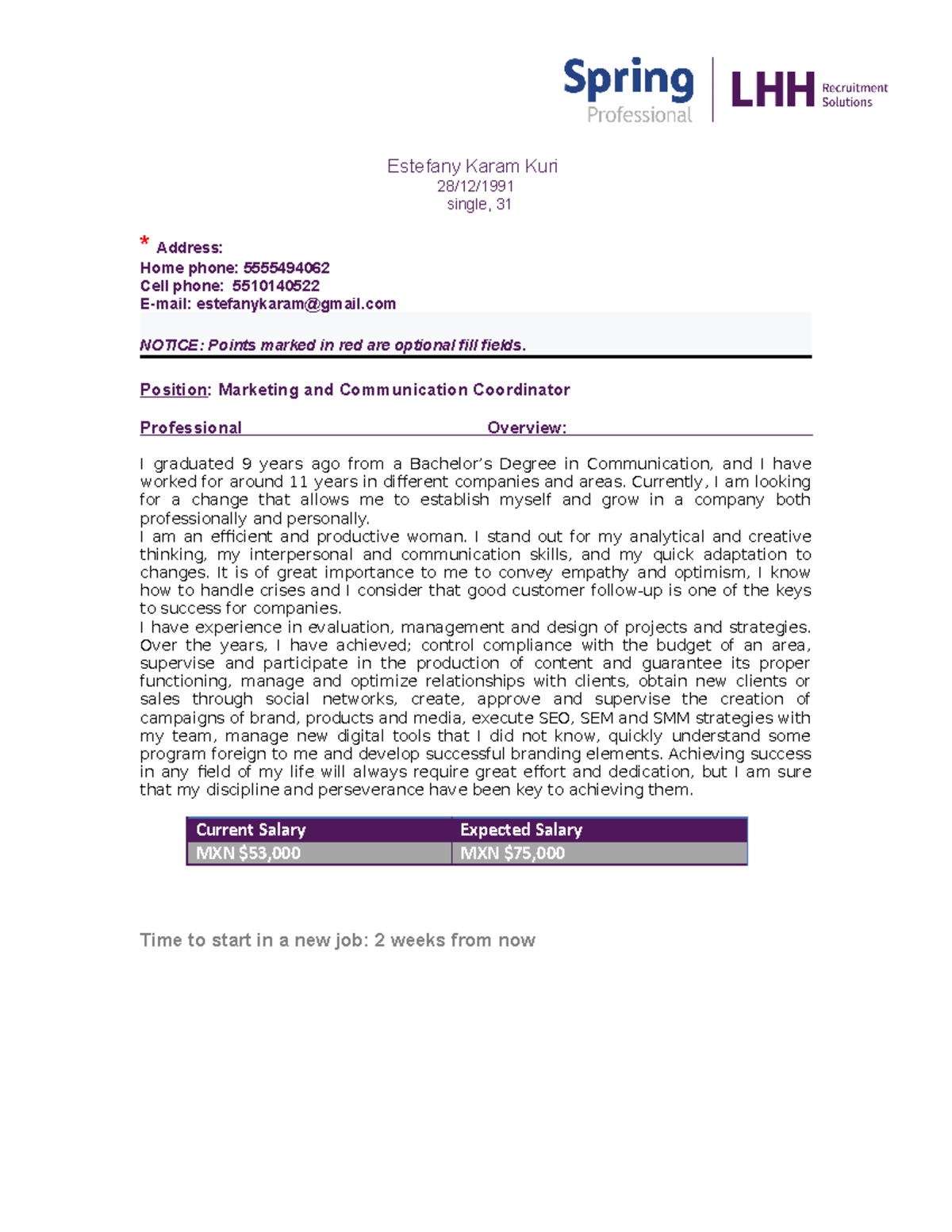 Formato Candidato CV Inglés Spring LHH-2023 - Estefany Karam Kuri 28/12 ...