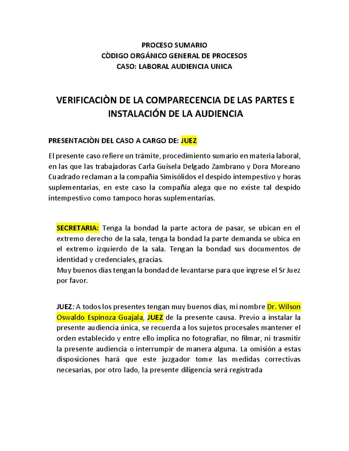 Audiencia Proceso Sumario - PROCESO SUMARIO C“DIGO ORG¡NICO GENERAL DE ...