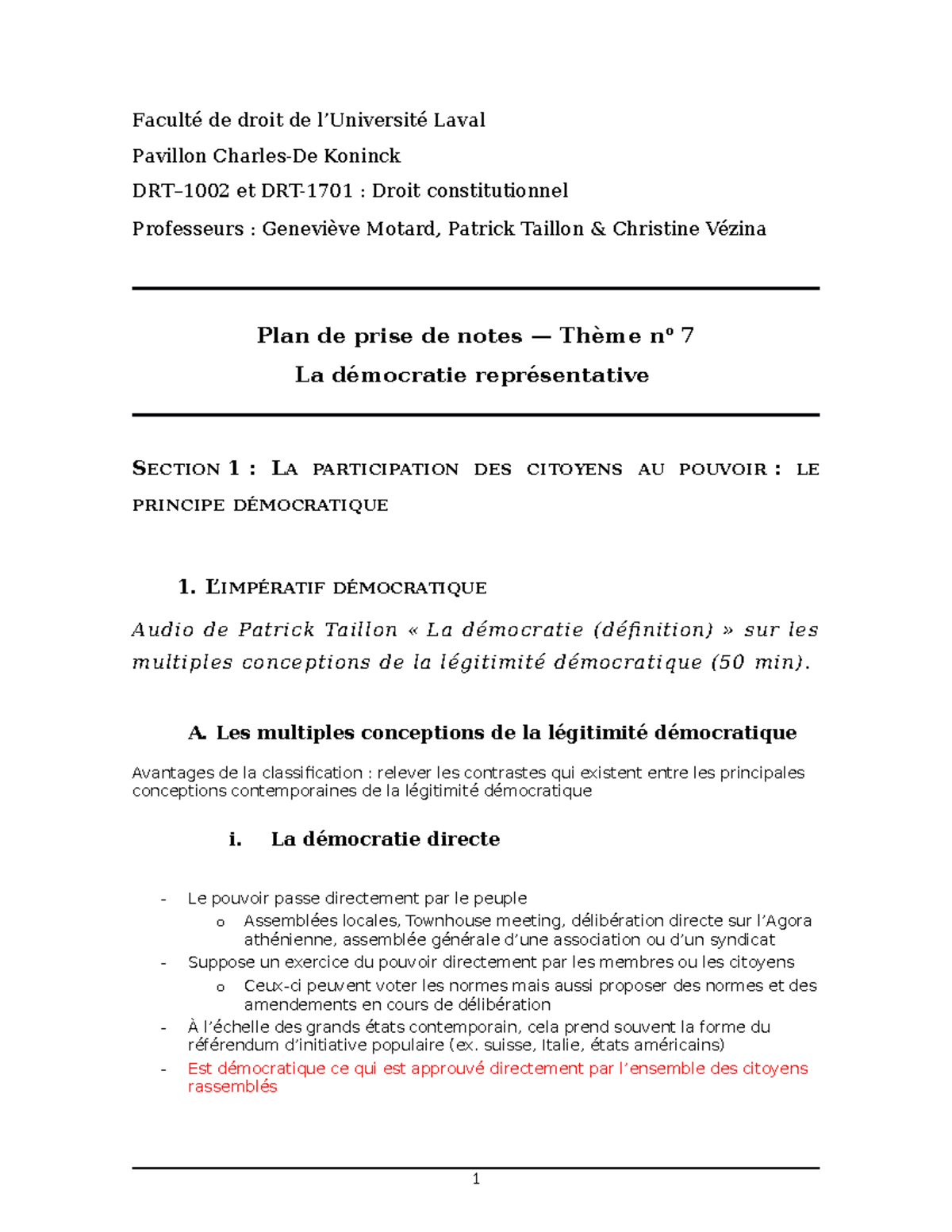 DRT-1002 Plan s7 Parlementarisme et démocratie V2 - Faculté de droit de ...