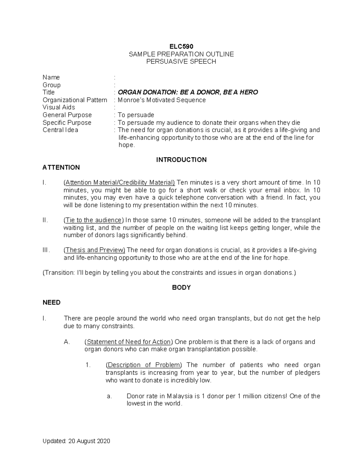 Example Outline - ELC SAMPLE PREPARATION OUTLINE PERSUASIVE SPEECH Name ...