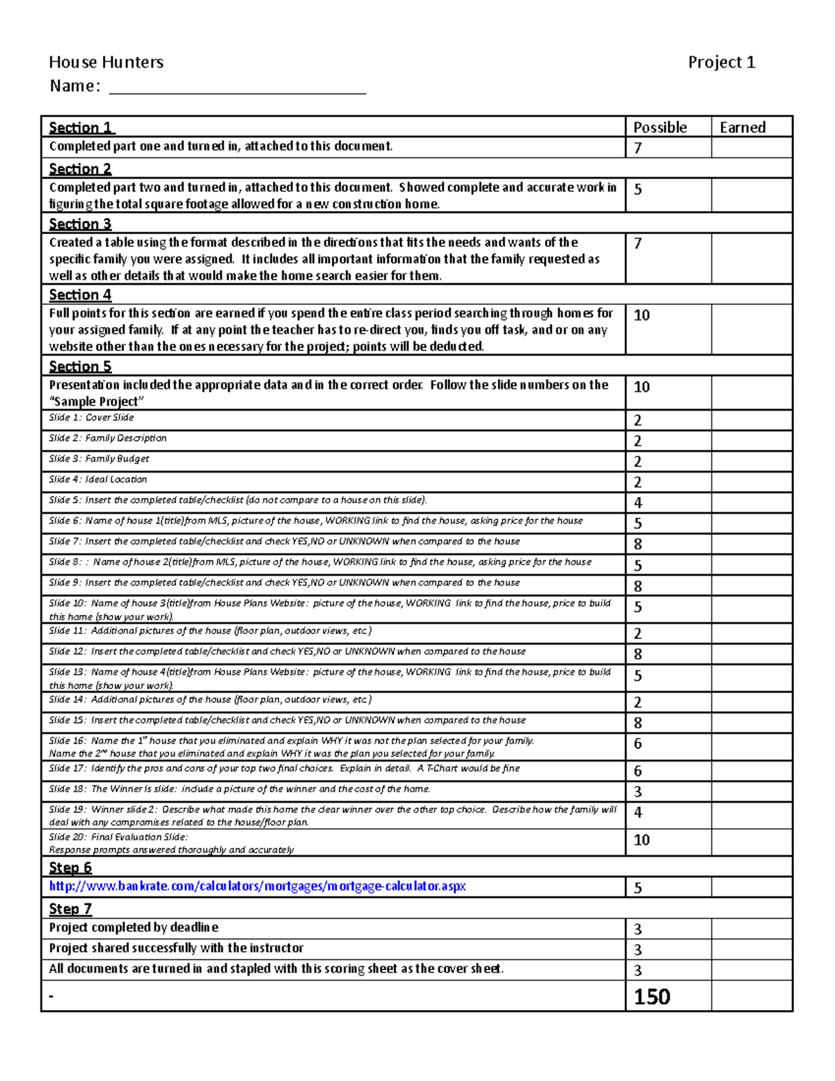 House Hunters Project 1 Scoring Sheet - House Hunters Project 1 Name