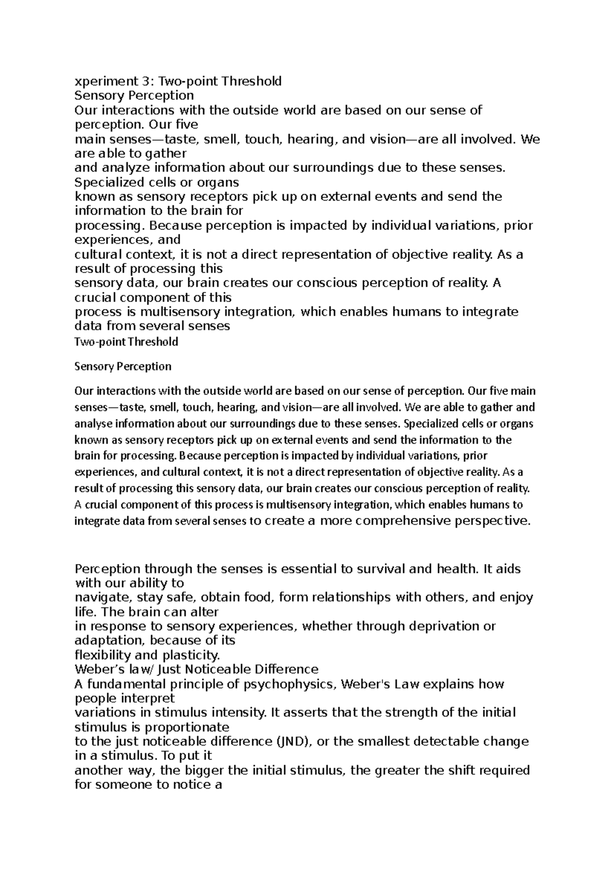 TWO Point Intro - xperiment 3: Two-point Threshold Sensory Perception ...
