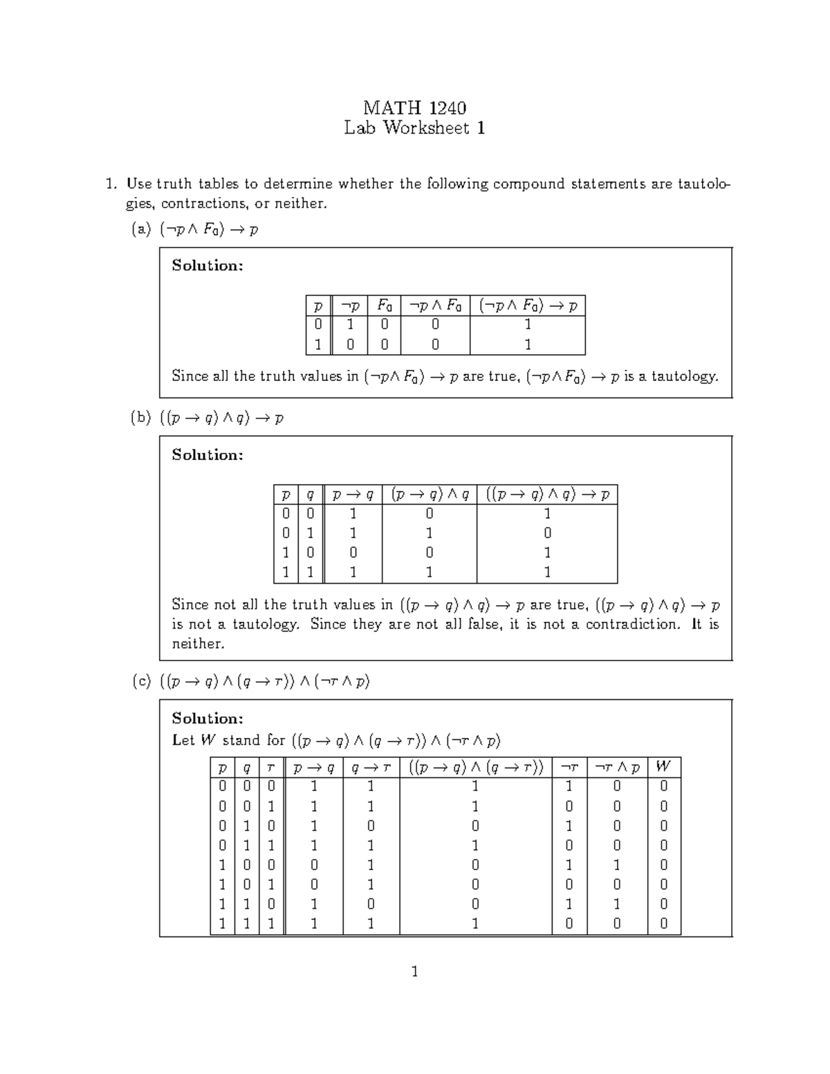 Worksheet 1Solutions - Notes - MATH 1240 Lab Worksheet 1 Use truth ...