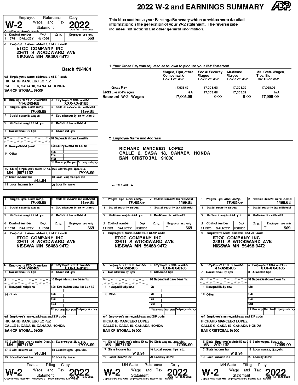 Y22ihh873111 h264220272444161103202 - 2022 W-2 and EARNINGS SUMMARY ...