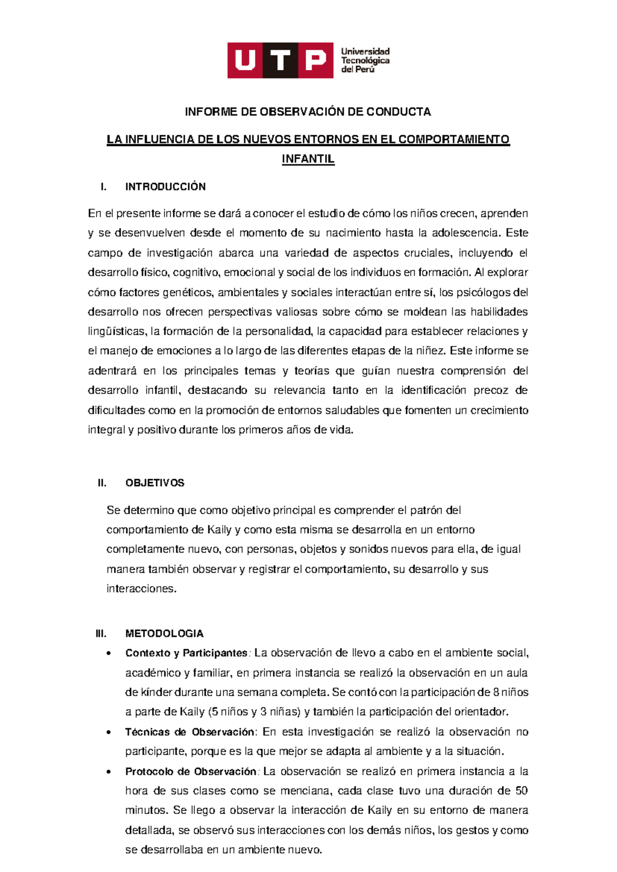 Informe Final-Observacion del Comportamiento - INFORME DE OBSERVACIÓN DE CONDUCTA LA INFLUENCIA ...