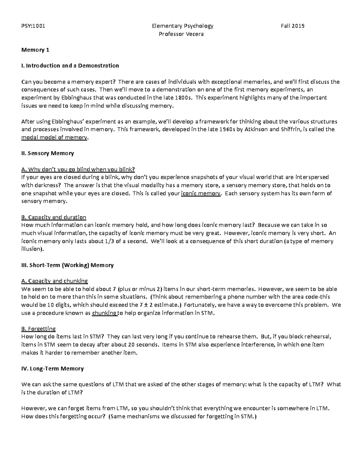 Memory 1 - Vecera: Lecture Outline. - Warning: TT: undefined function: 32 PSY:1001 Elementary ...