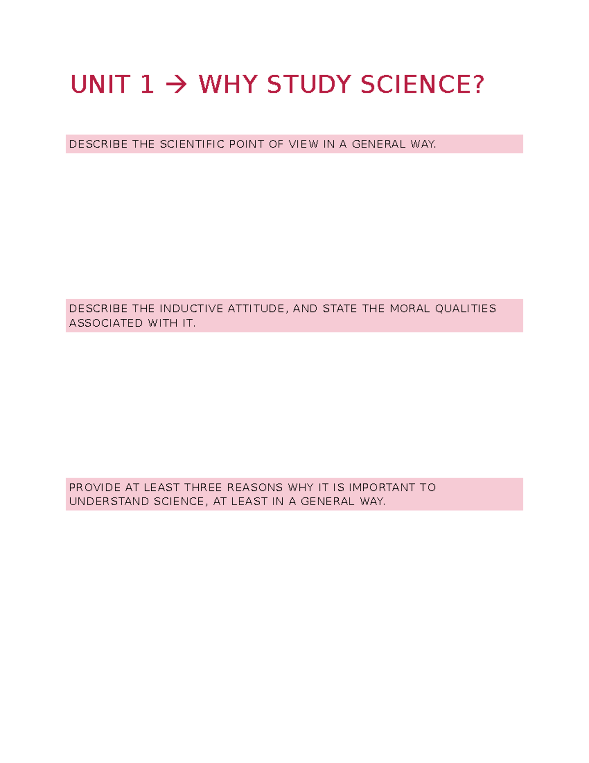 SCIE 326 Unit 1-4 Study Template - UNIT 1 WHY STUDY SCIENCE? DESCRIBE ...