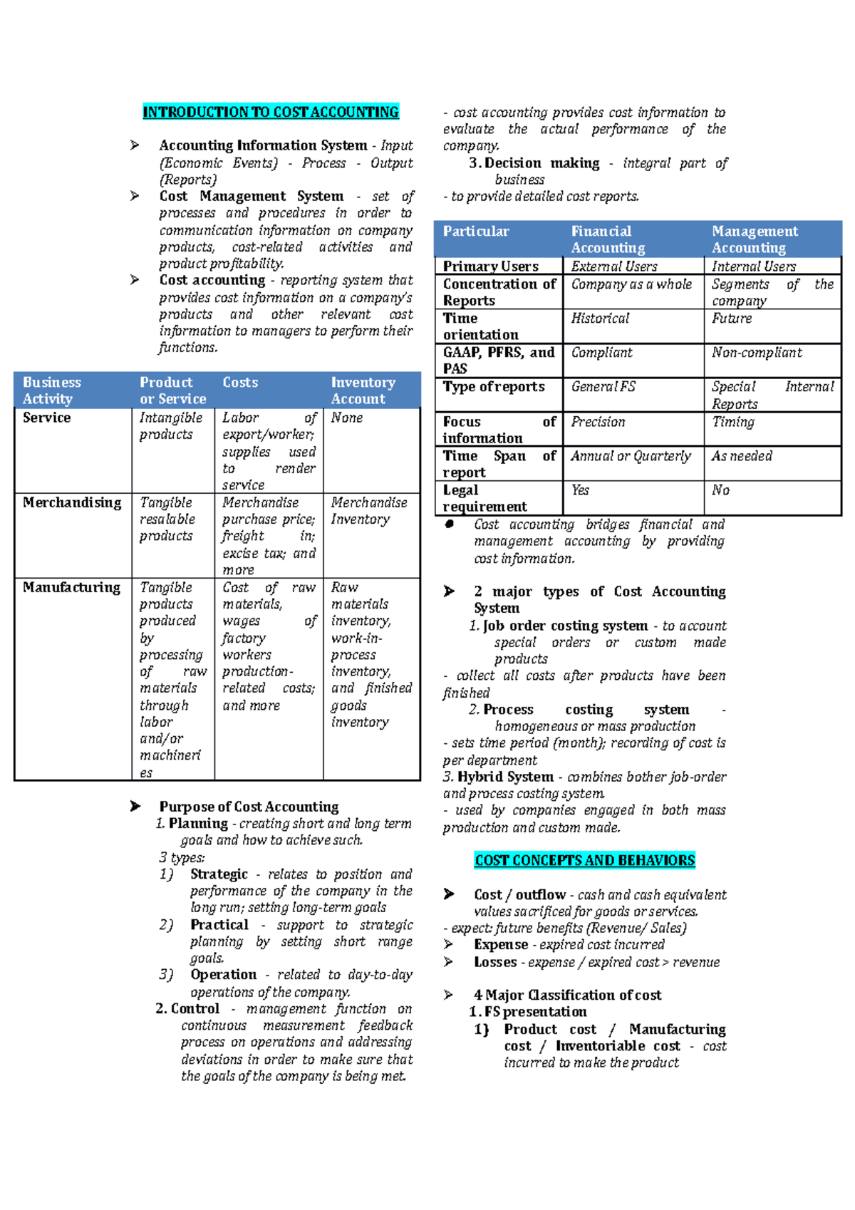 COST ACC - Notes in cost - INTRODUCTION TO COST ACCOUNTING Accounting ...