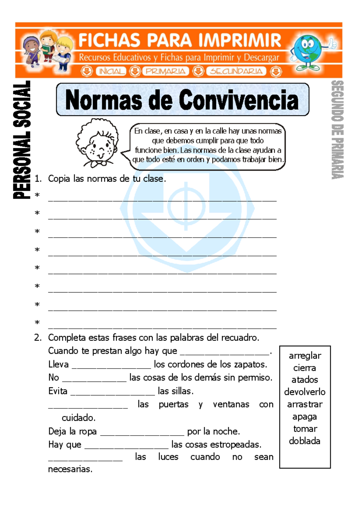 Ficha de Normas de Convivencia para Segundo de Primaria - En clase, en ...