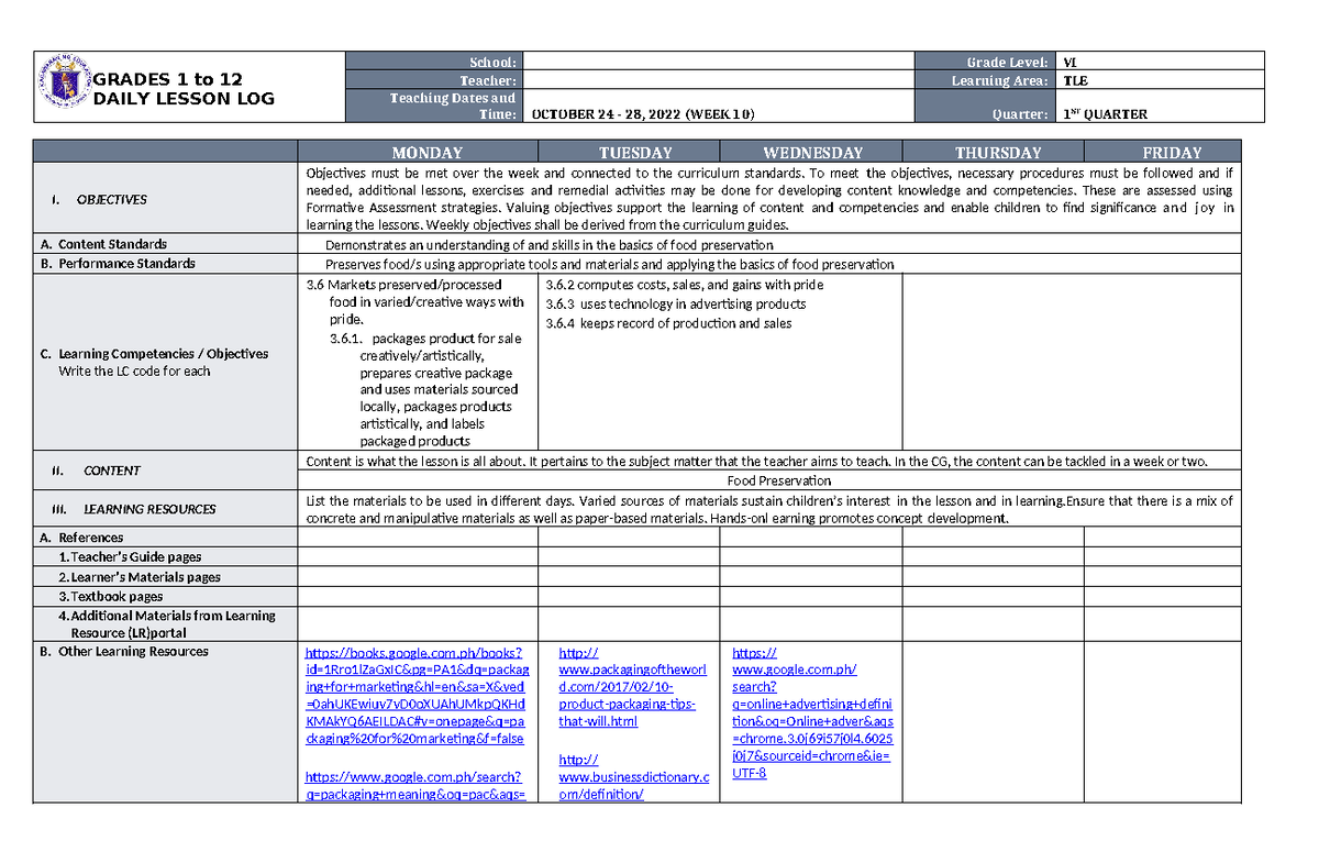 DLL TLE 6 Q1 W10 - TLE - GRADES 1 to 12 DAILY LESSON LOG School: Grade ...
