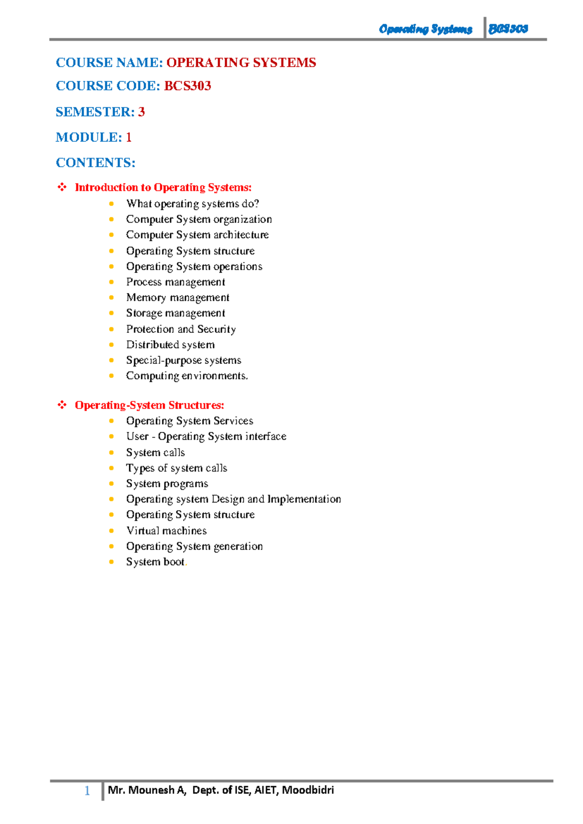 Module 1introduction Os Course Name Operating Systems Course Code Bcs Semester 3 Module