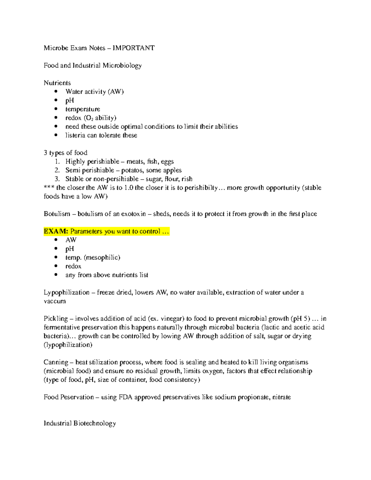 Microbe Exam Notes – Important - Microbe Exam Notes – IMPORTANT Food ...
