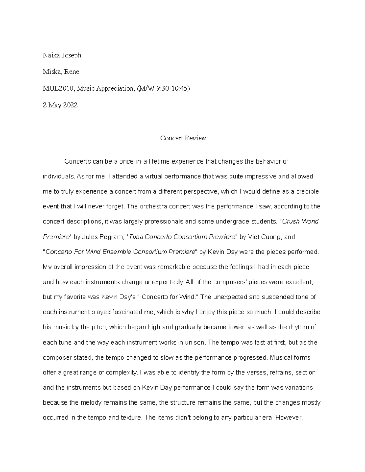 Performance 2 - Music Appreciation notes - Naika Joseph Miska, Rene ...