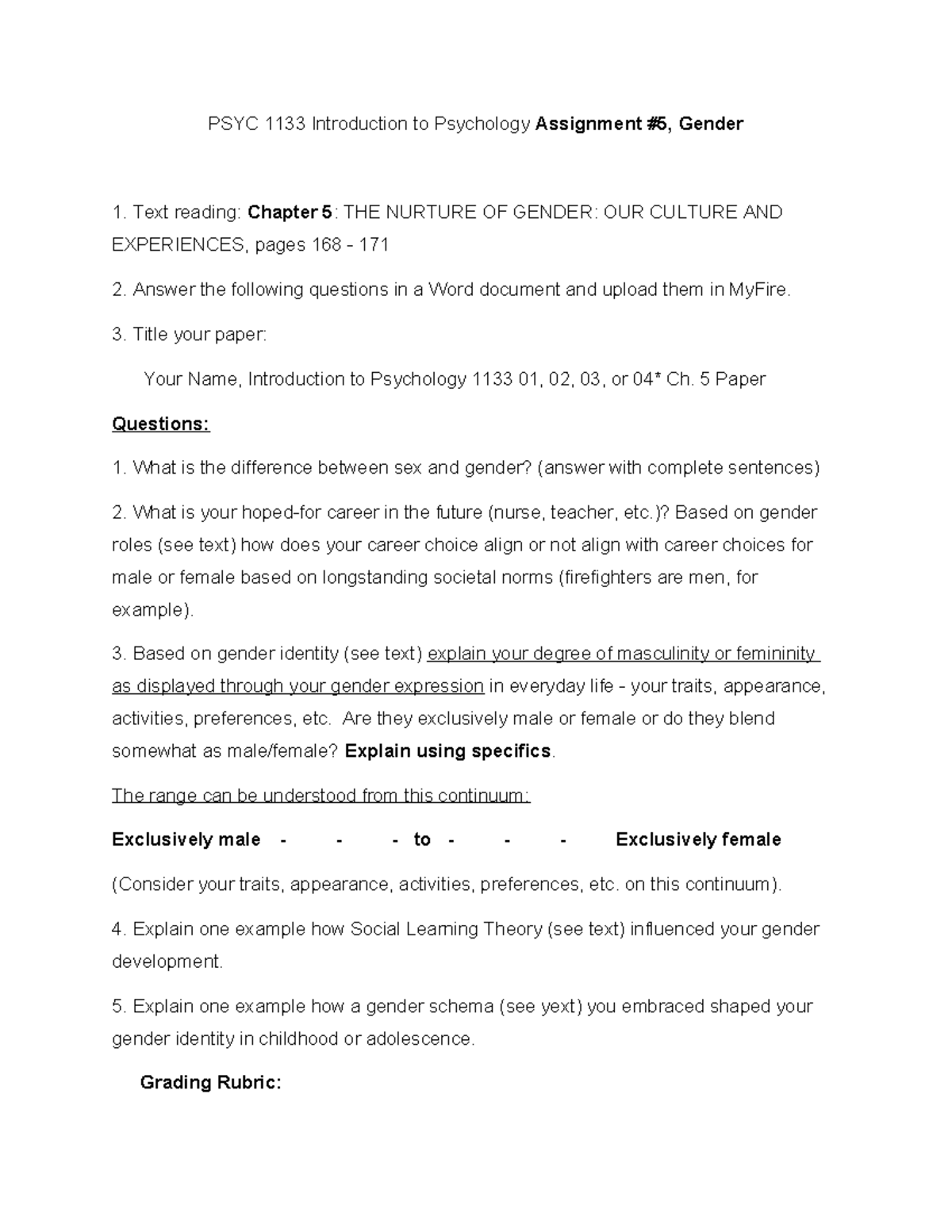 Assignment #5 Directions Gender - PSYC 1133 Introduction to Psychology Assignment #5, Gender 1 ...