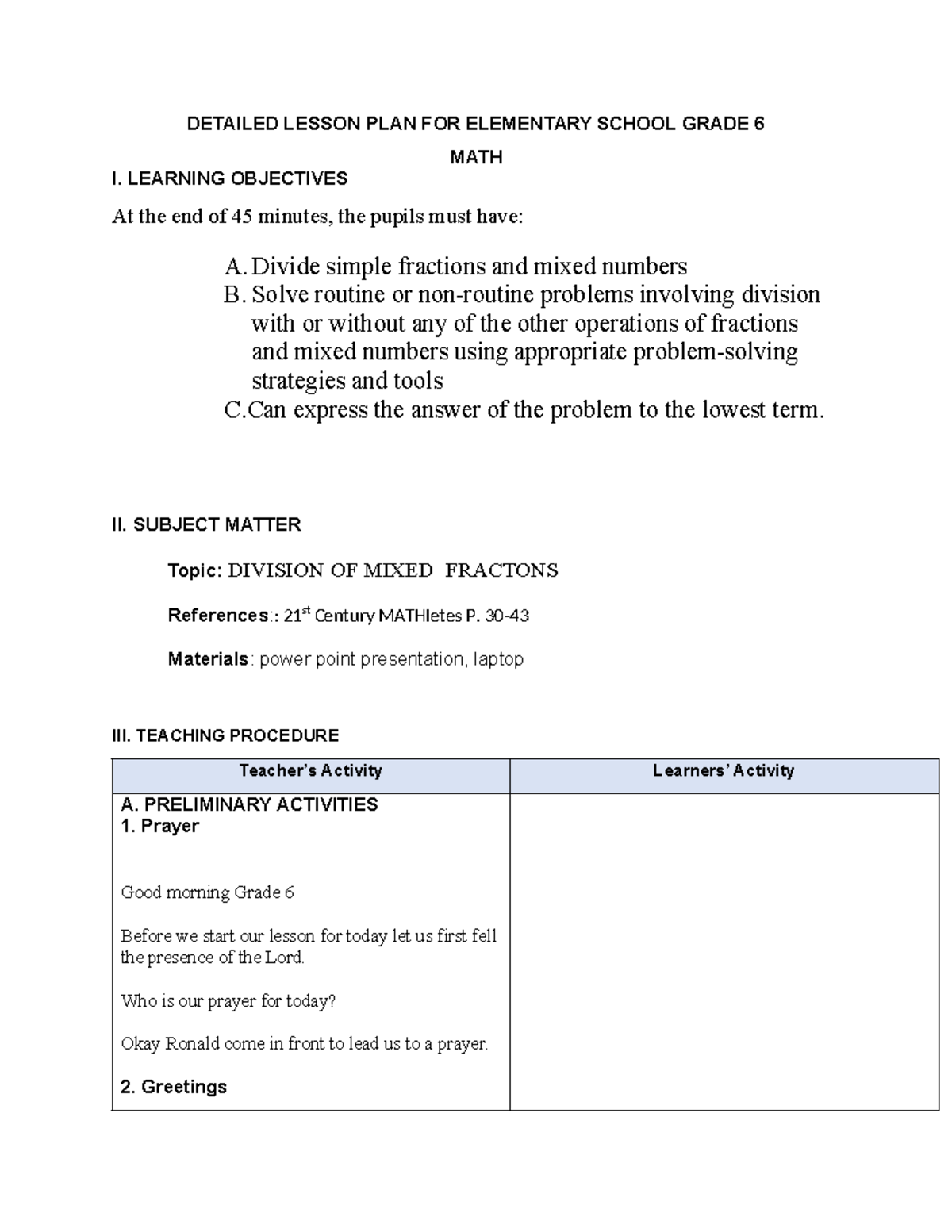 Detailed Lesson PLAN FOR Elementary School- Enhlish - DETAILED LESSON ...