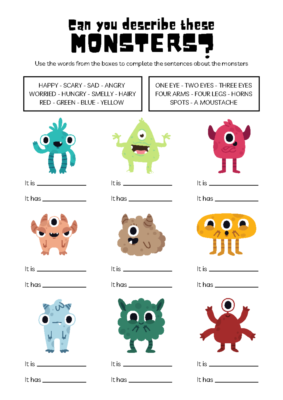 Colorful Describe The Monsters Worksheet - It is It has It is It has It ...