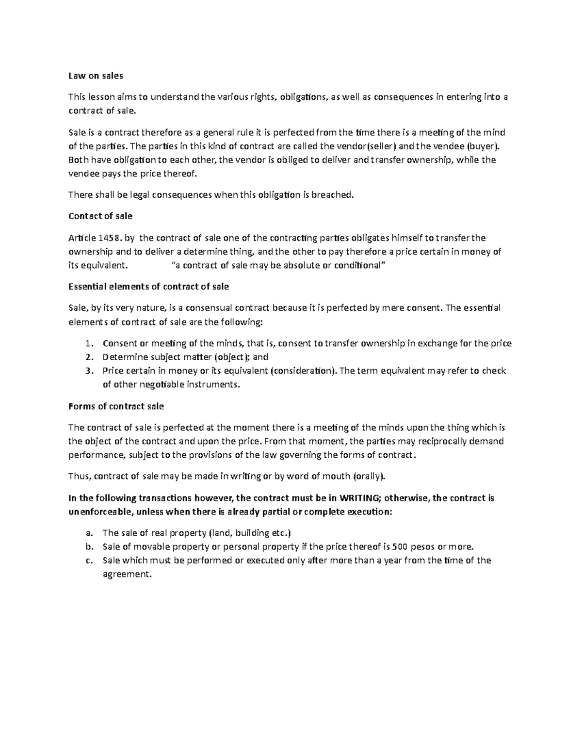 Law-on-sales - Lecture notes for topic: Law On Sales - Law on sales ...