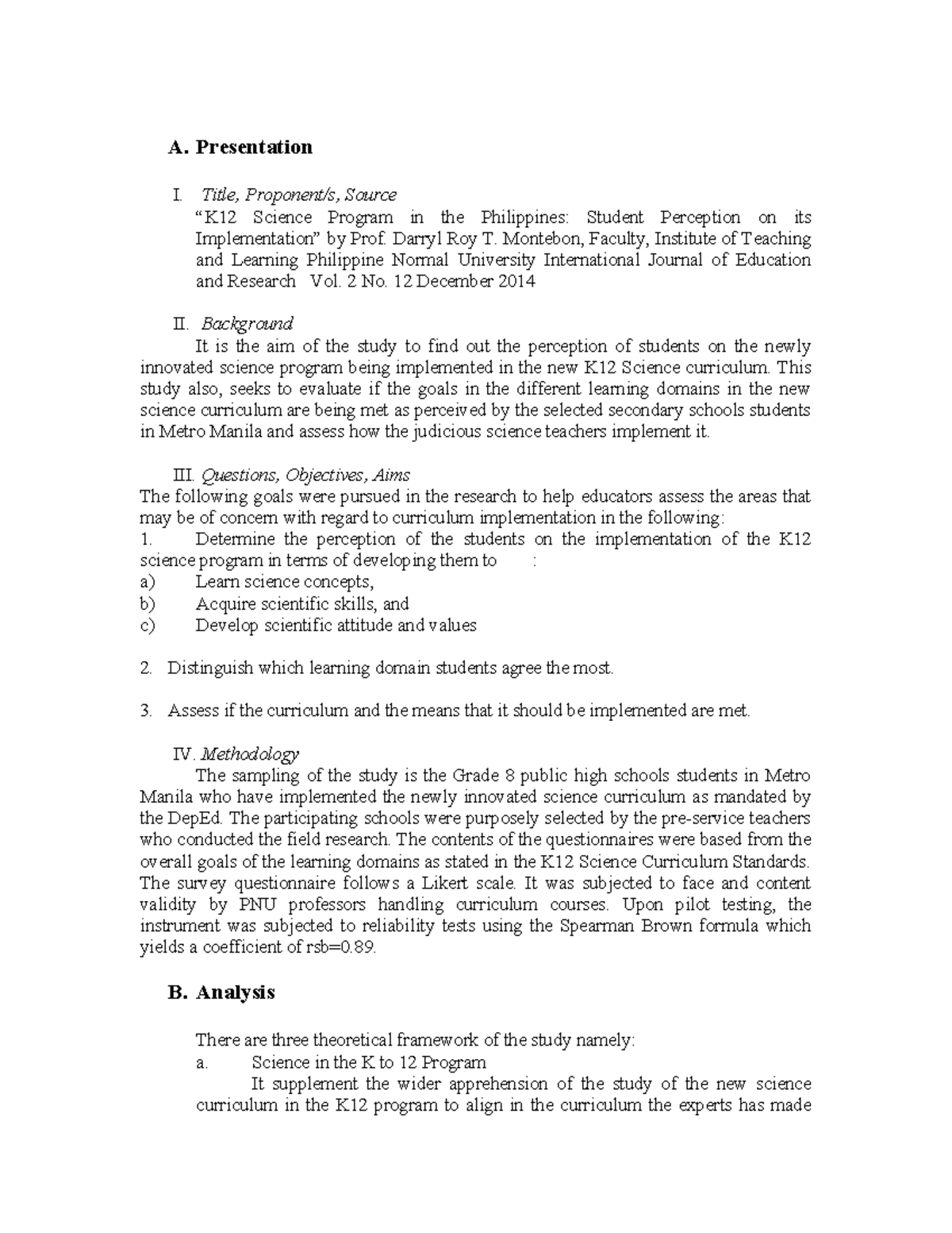 Critical paper analysis july2018 - A. Presentation I. Title, Proponent ...