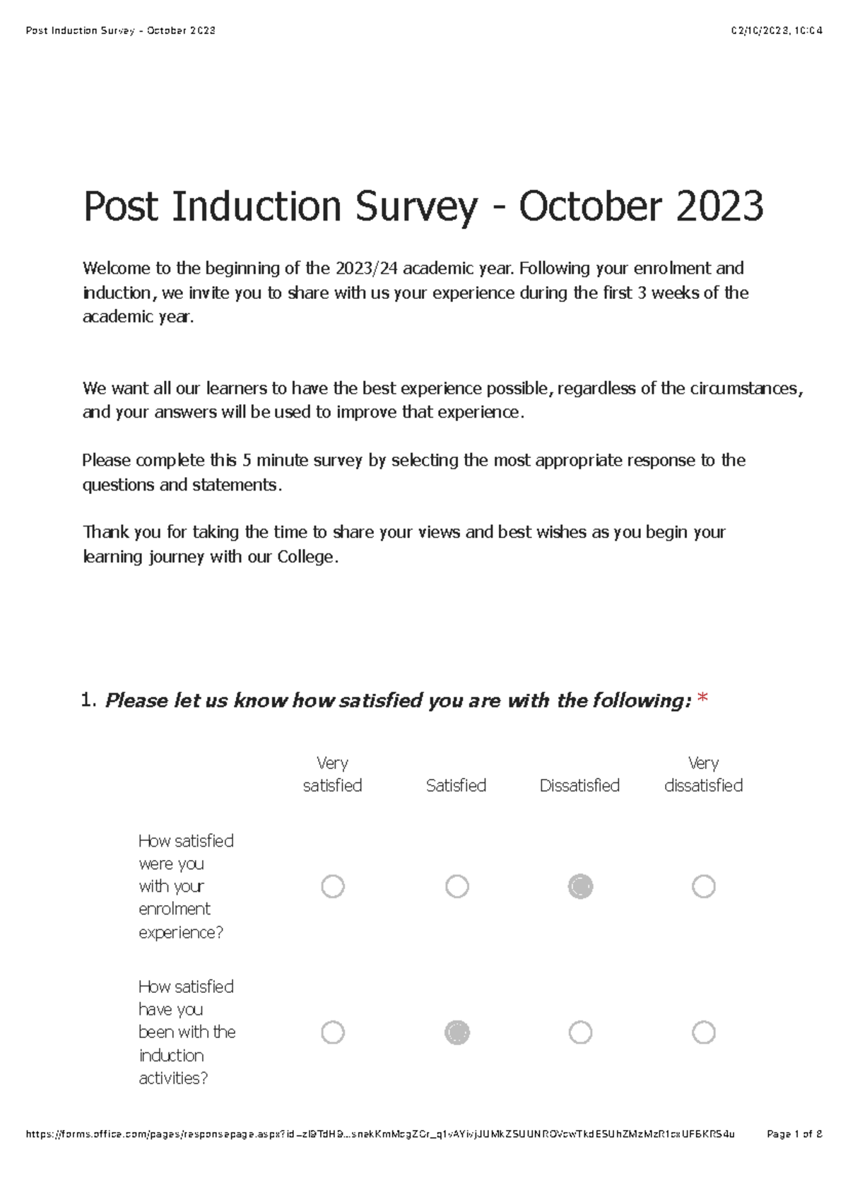 Post Induction Survey - October 2023 - Following your enrolment and ...