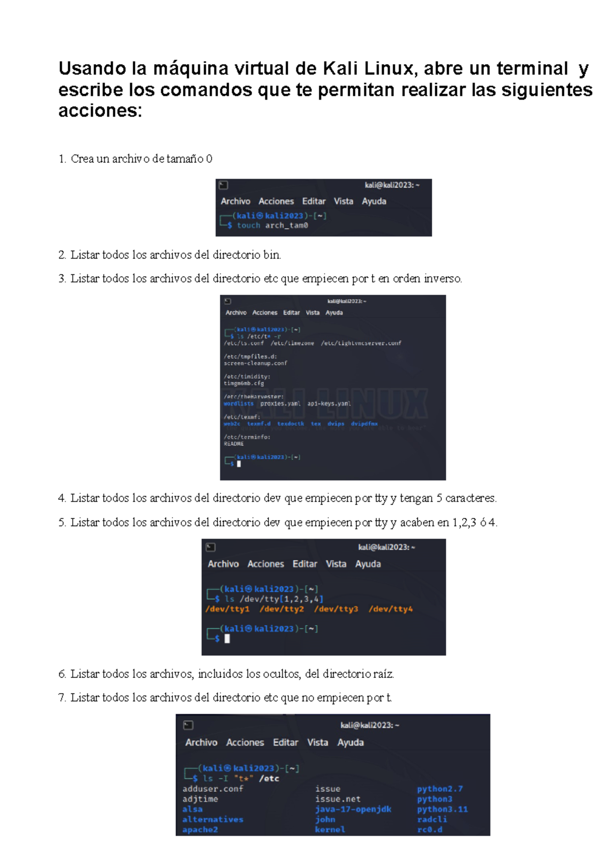 Ejercicios-comandos-linux - algunos resueltos - Usando la máquina virtual de Kali Linux, abre un ...