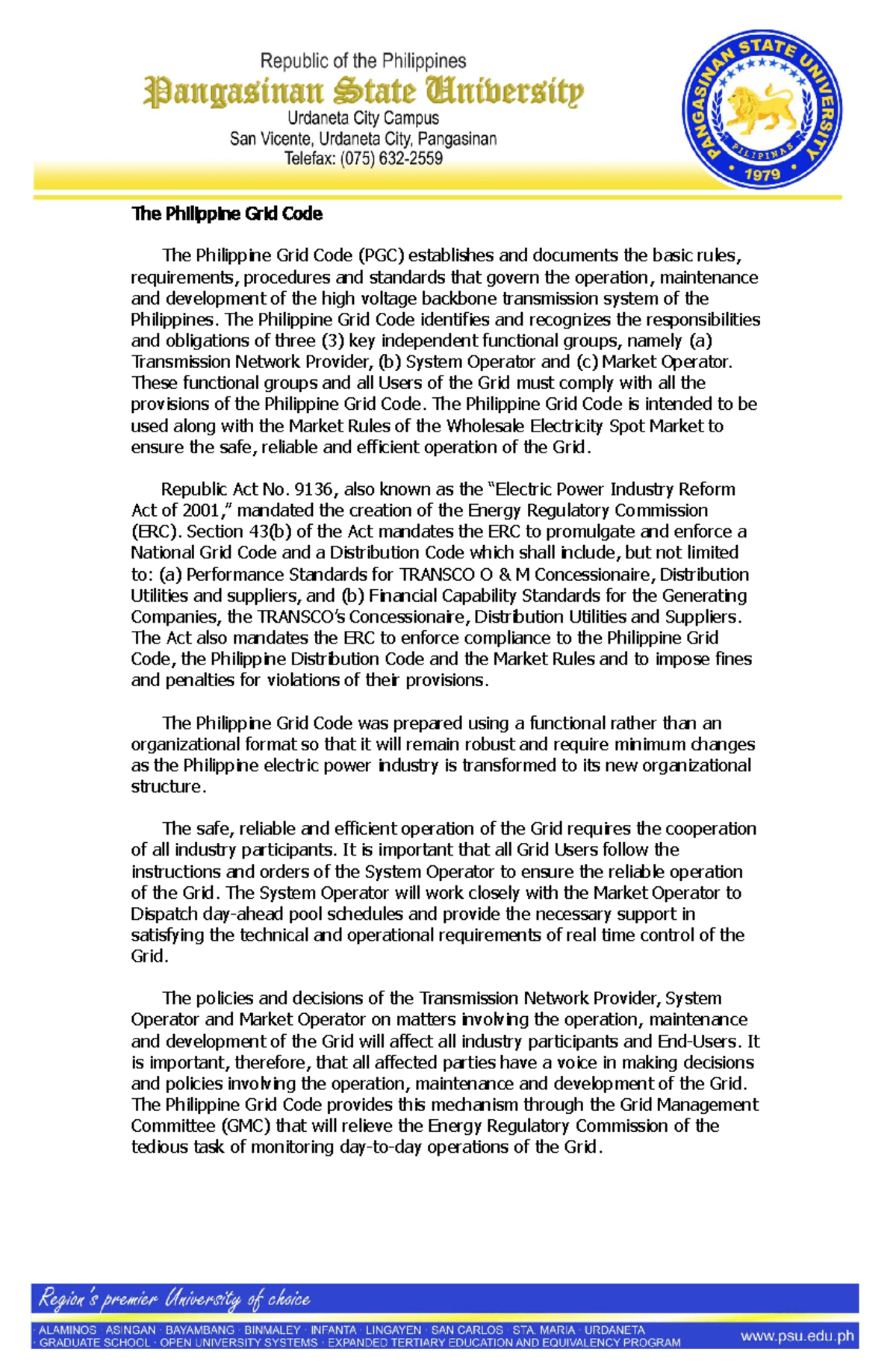 Report Soft Copy - Lecture notes 1 - The Philippine Grid Code The ...