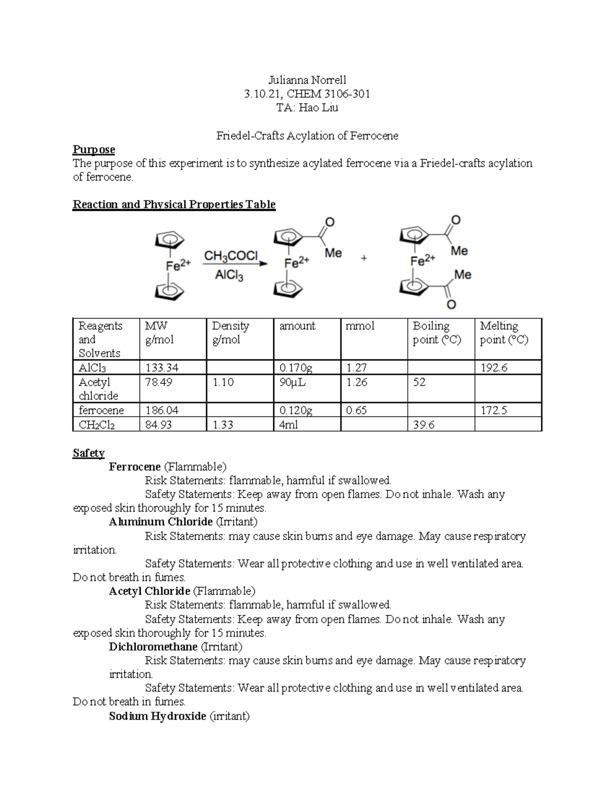 Experiment 5 Lab Report - Julianna Norrell 3.10, CHEM 3106- TA: Hao Liu ...