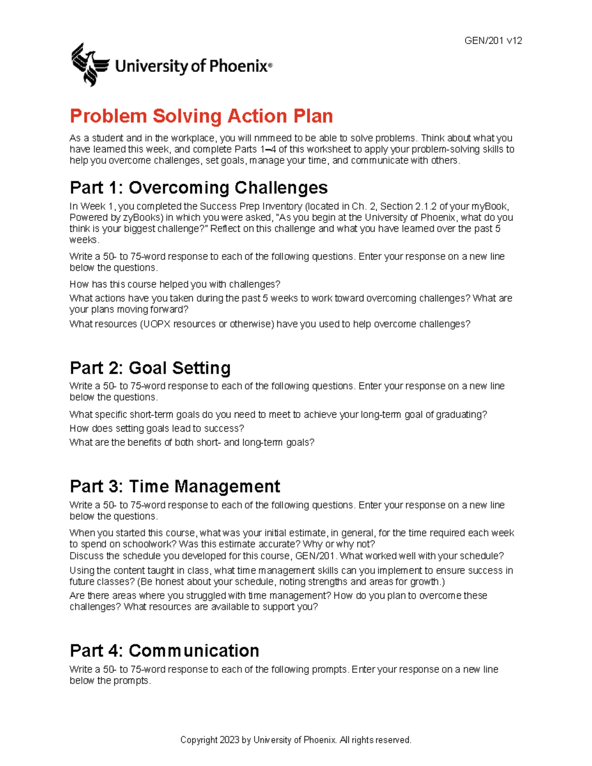 Gen201 v12 wk5 problem solving action plan - GEN/201 v Problem Solving ...