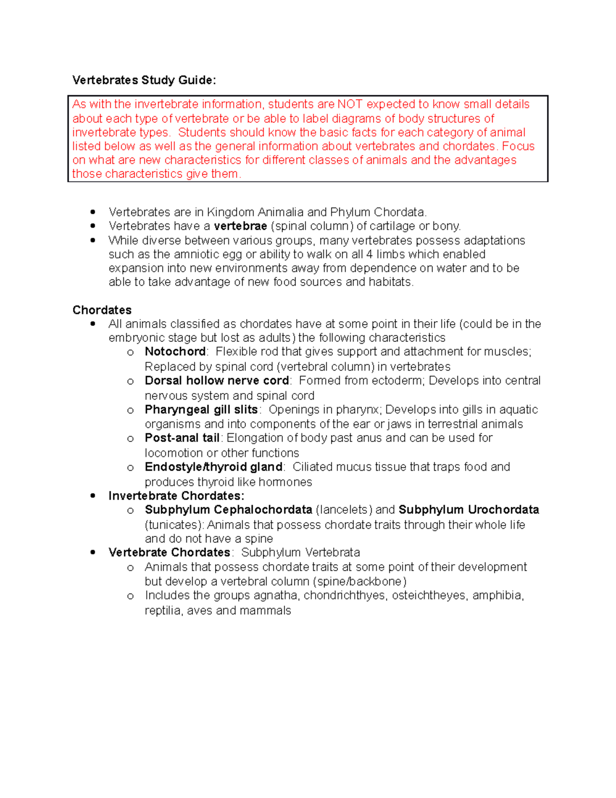 Vertebrates Study Guide - Students should know the basic facts for each ...