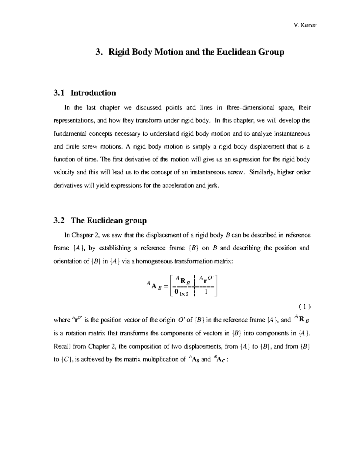 Rigid Body Motion Summary - V. Kumar ####### 3. Rigid Body Motion and ...