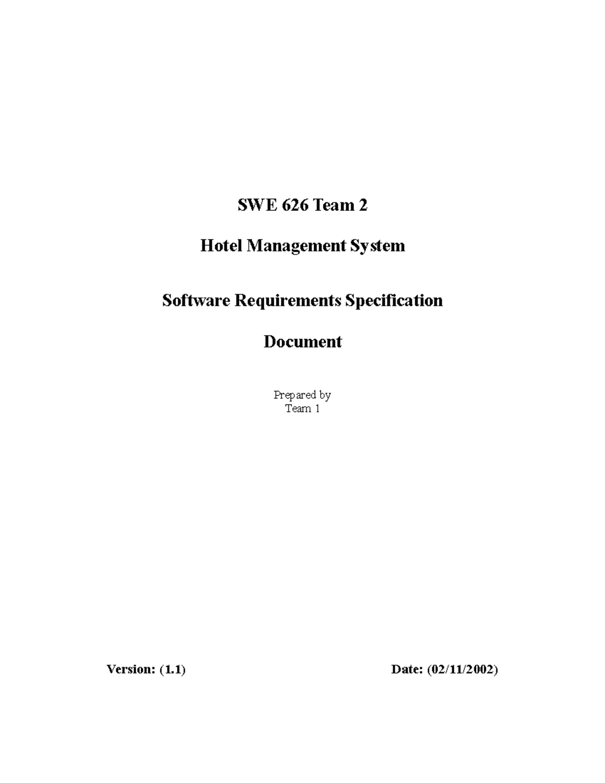 Hotel Management System Correct Final SRS - SWE 626 Team 2 Hotel Management System Software ...