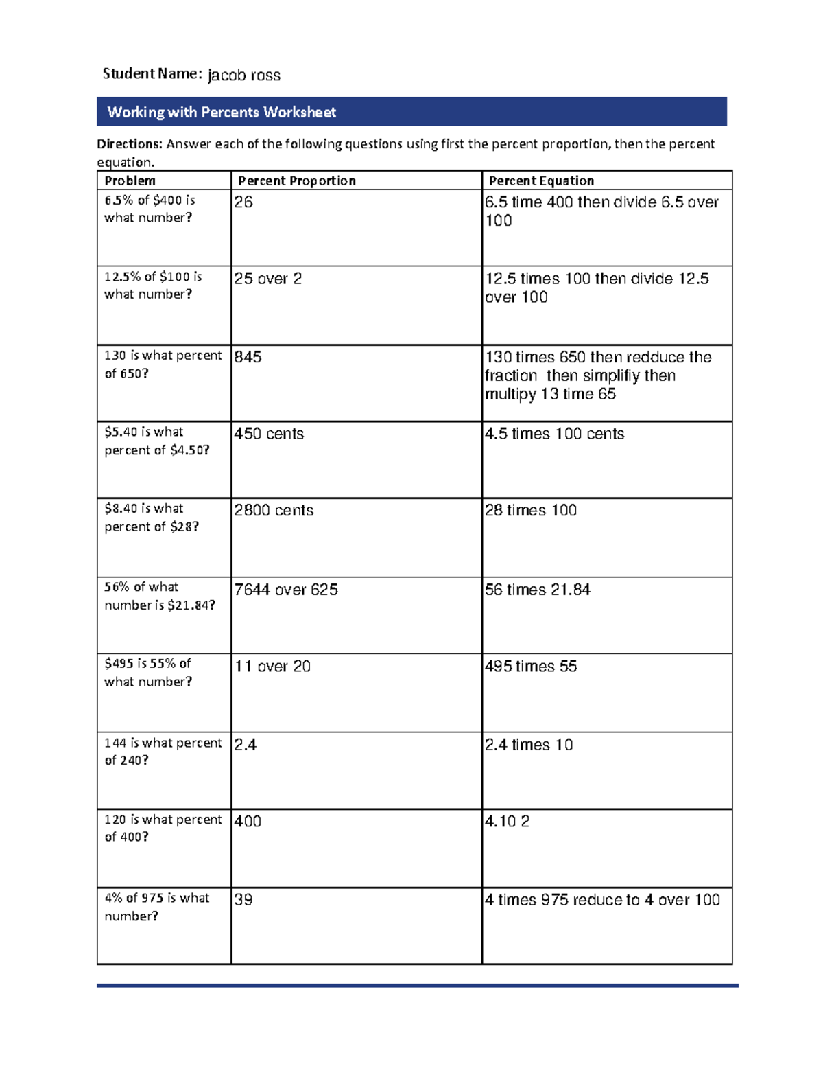 Workingwith Percents Worksheet - Student Name: Working with Percents ...