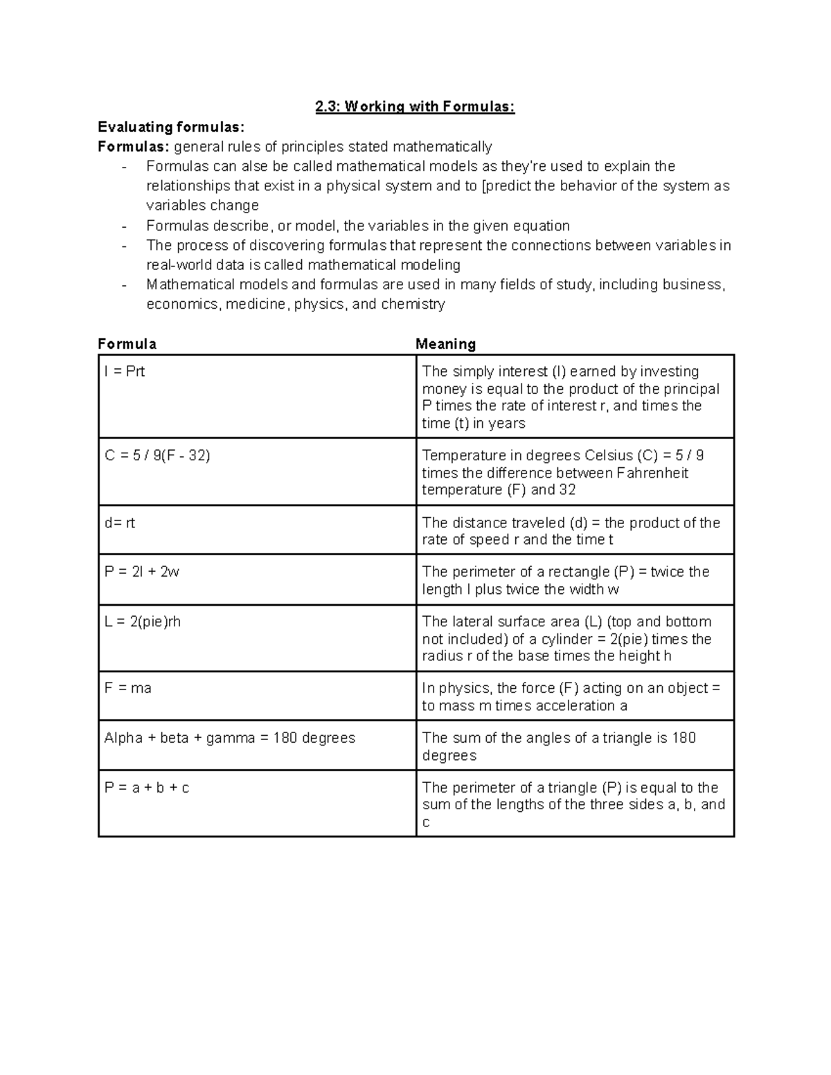 2.3 math - notes - 2: Working with Formulas: Evaluating formulas ...