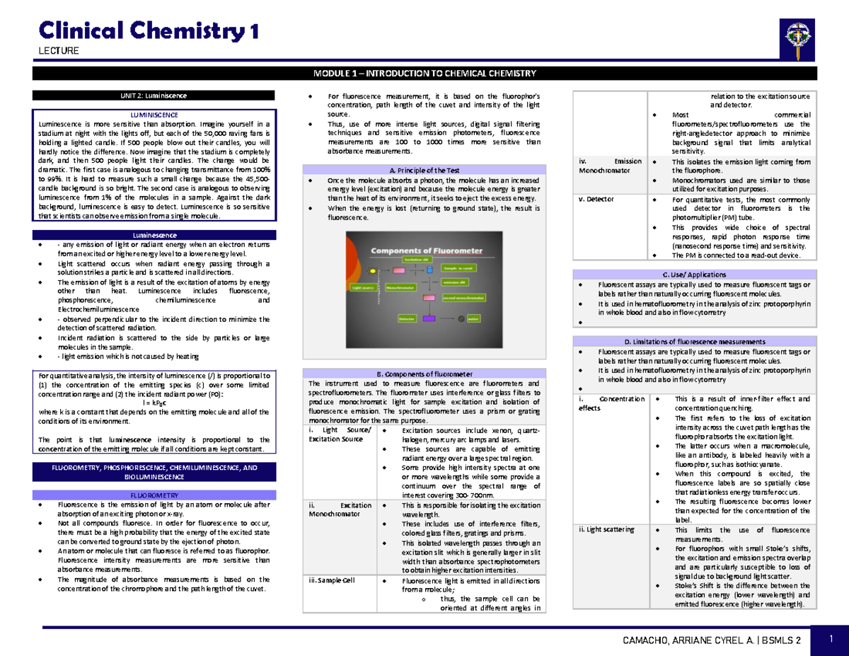 Module 3 Unit 2 Transes And Notes Clinical Chemistry 1 Lecture Module 1 Introduction To