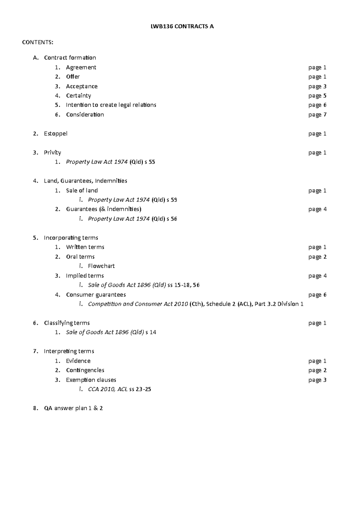 Lecture Notes Weeks 1 10 In Exam Summarised Format Lwb136 Contracts A Contents Agreement