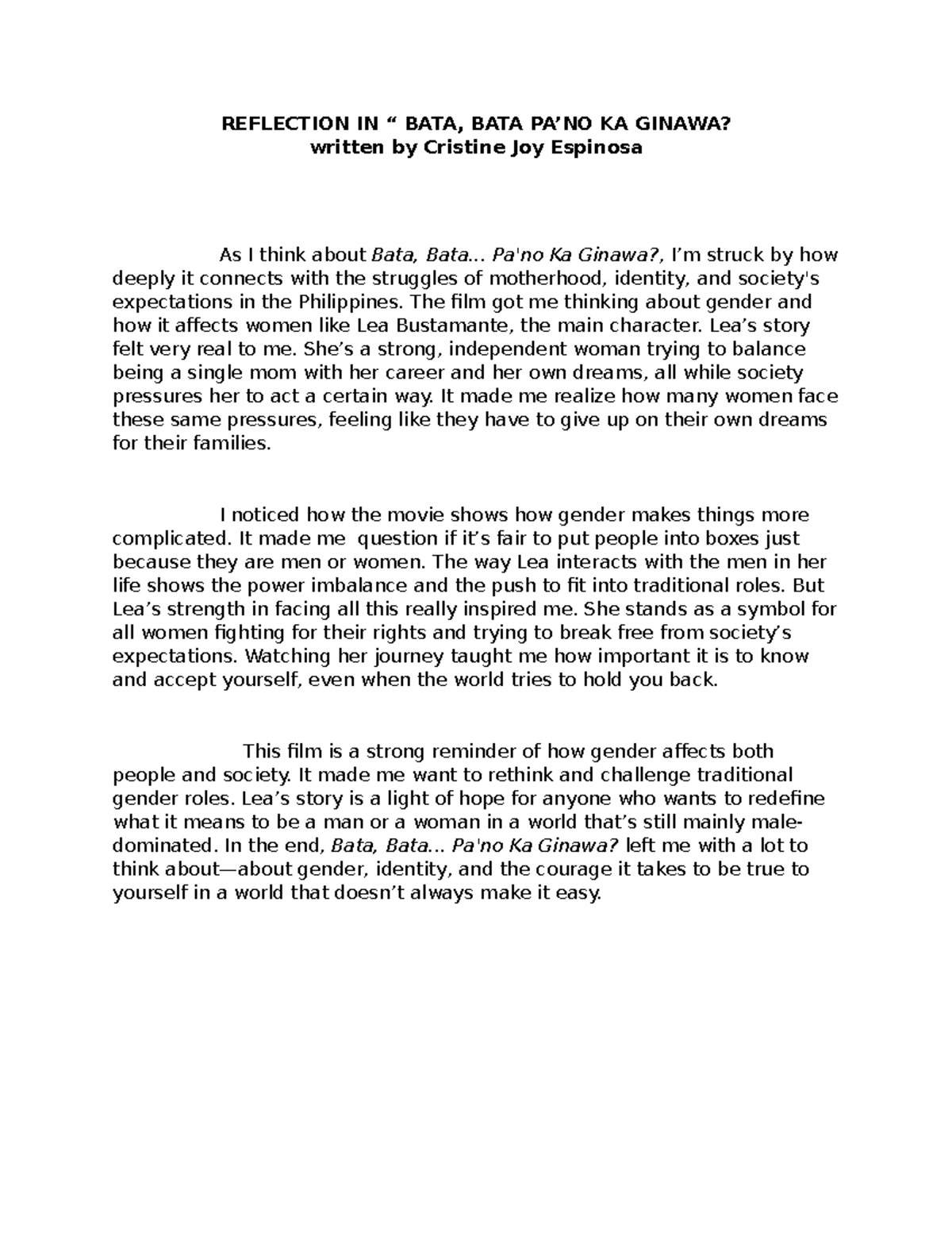 Reflection INwq - REFLECTION IN “ BATA, BATA PA’NO KA GINAWA? written ...