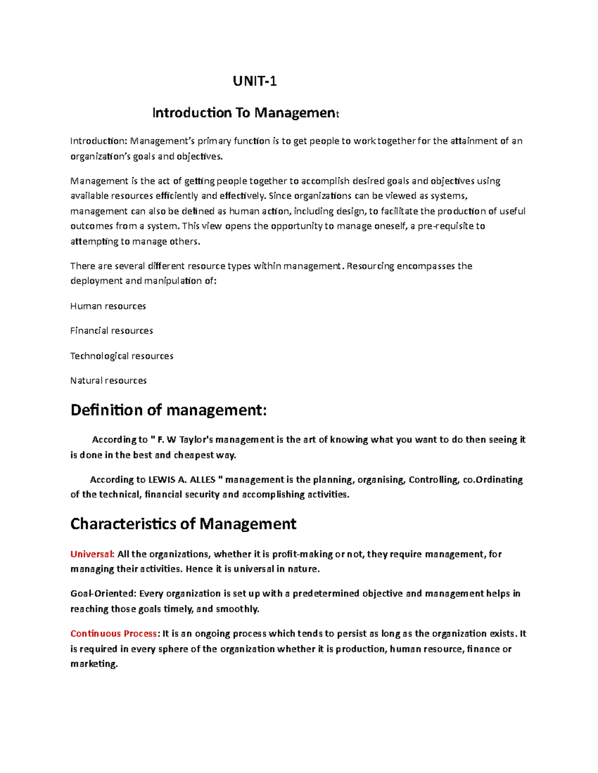 UNIT-1 MOB Notes - UNIT- Introduction To Management Introduction ...