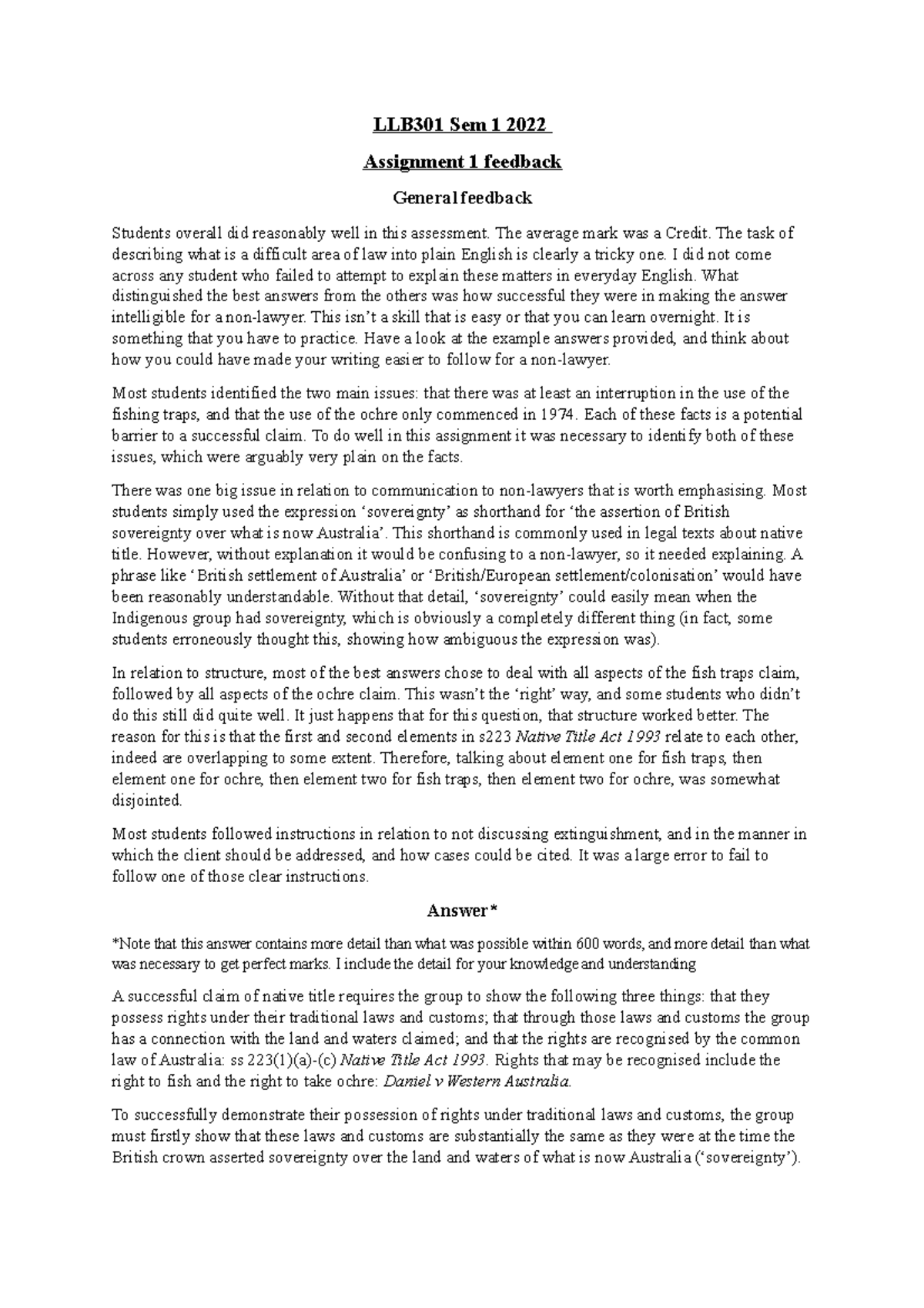 LLB301 Sem 1 2022 Assignment 1 feedback - LLB301 Sem 1 2022 Assignment 1 feedback General ...