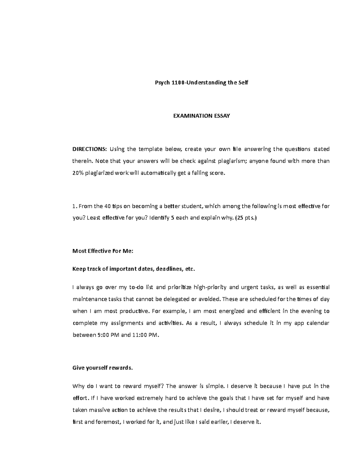 Chapter 3 EXAM Psych - Psych 1100-Understanding the Self EXAMINATION ...