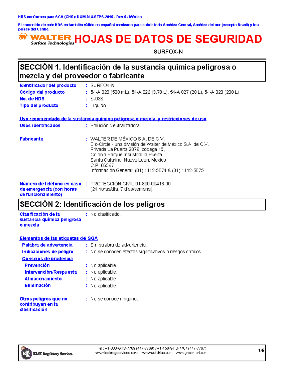 12. HDS - Surfox N - HDS conformes para SGA (GHS): NOM-018-STPS-2015 ...