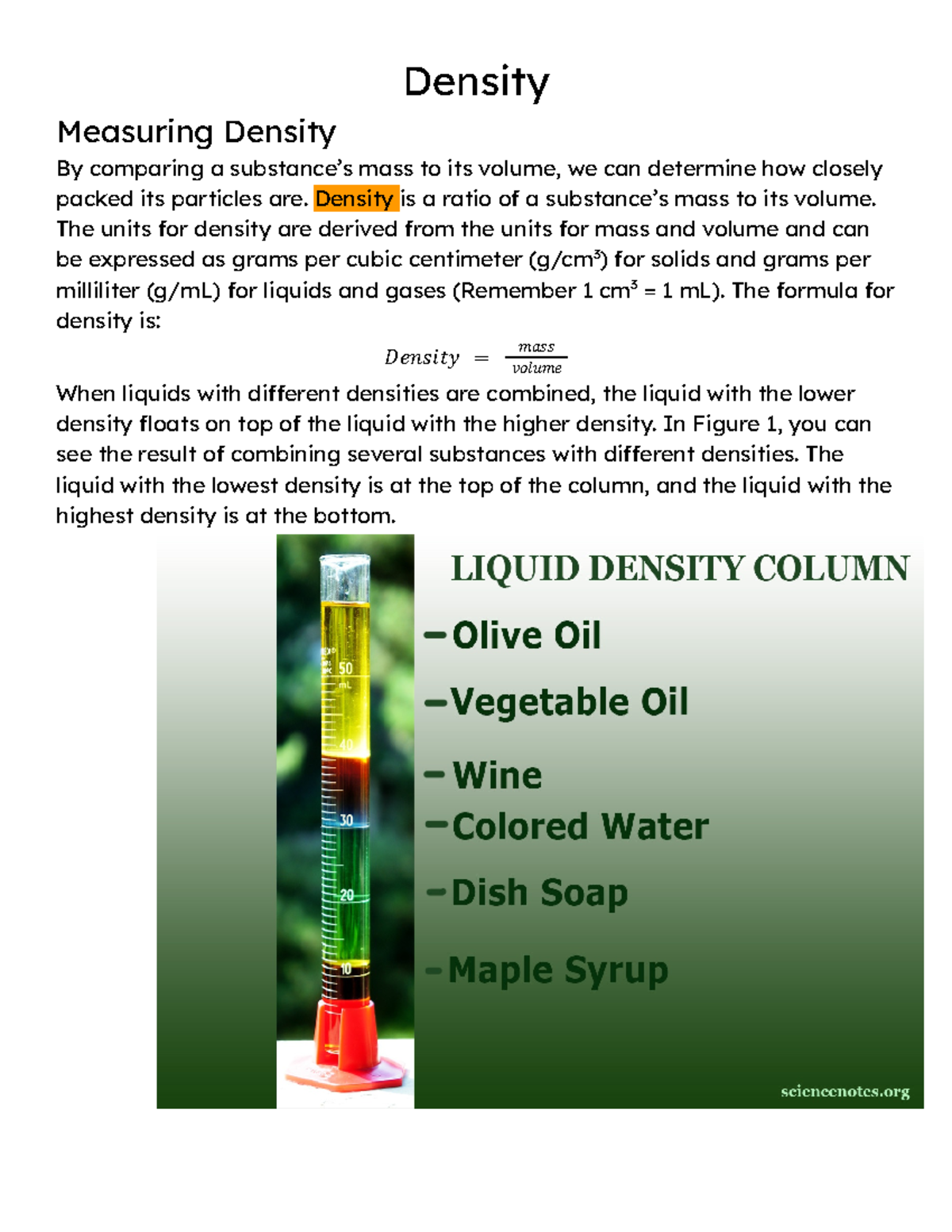 Edited - Density Readings - Density Measuring Density By comparing a ...