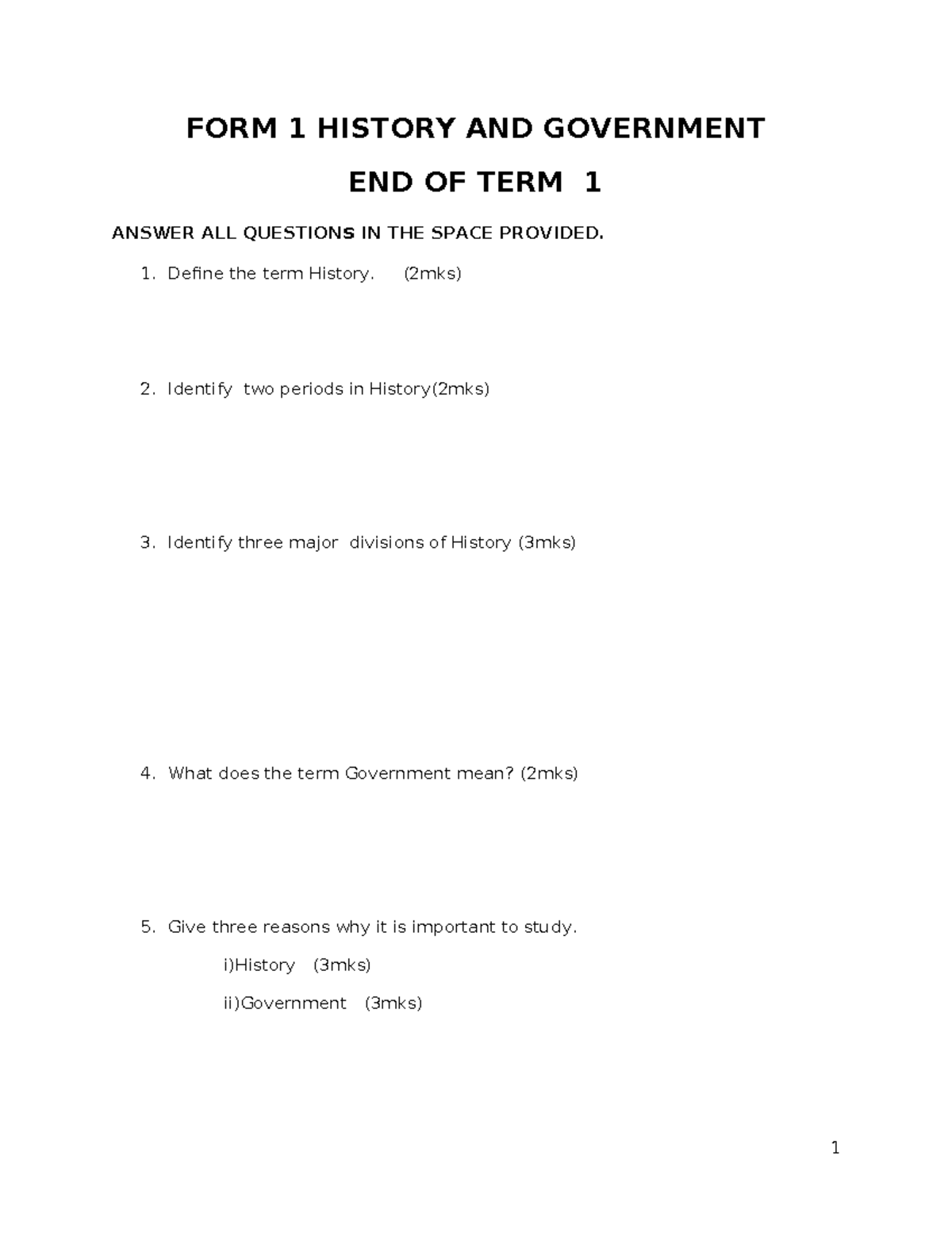 History AND Government FORM 1 2020 TERM 1 SET 1 QP - FORM 1 HISTORY AND ...