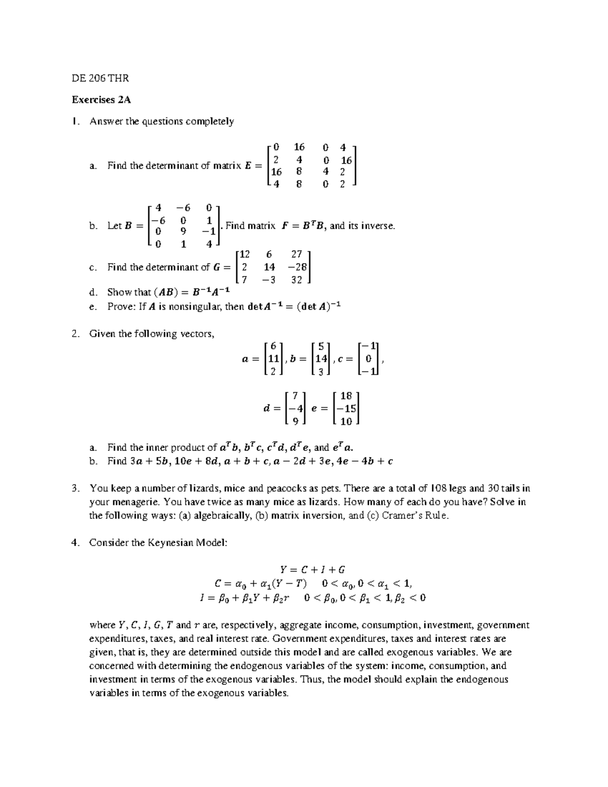 DE 206 Exercises 2A - Exercise on Matrix Algebra - DE 206 THR Exercises ...