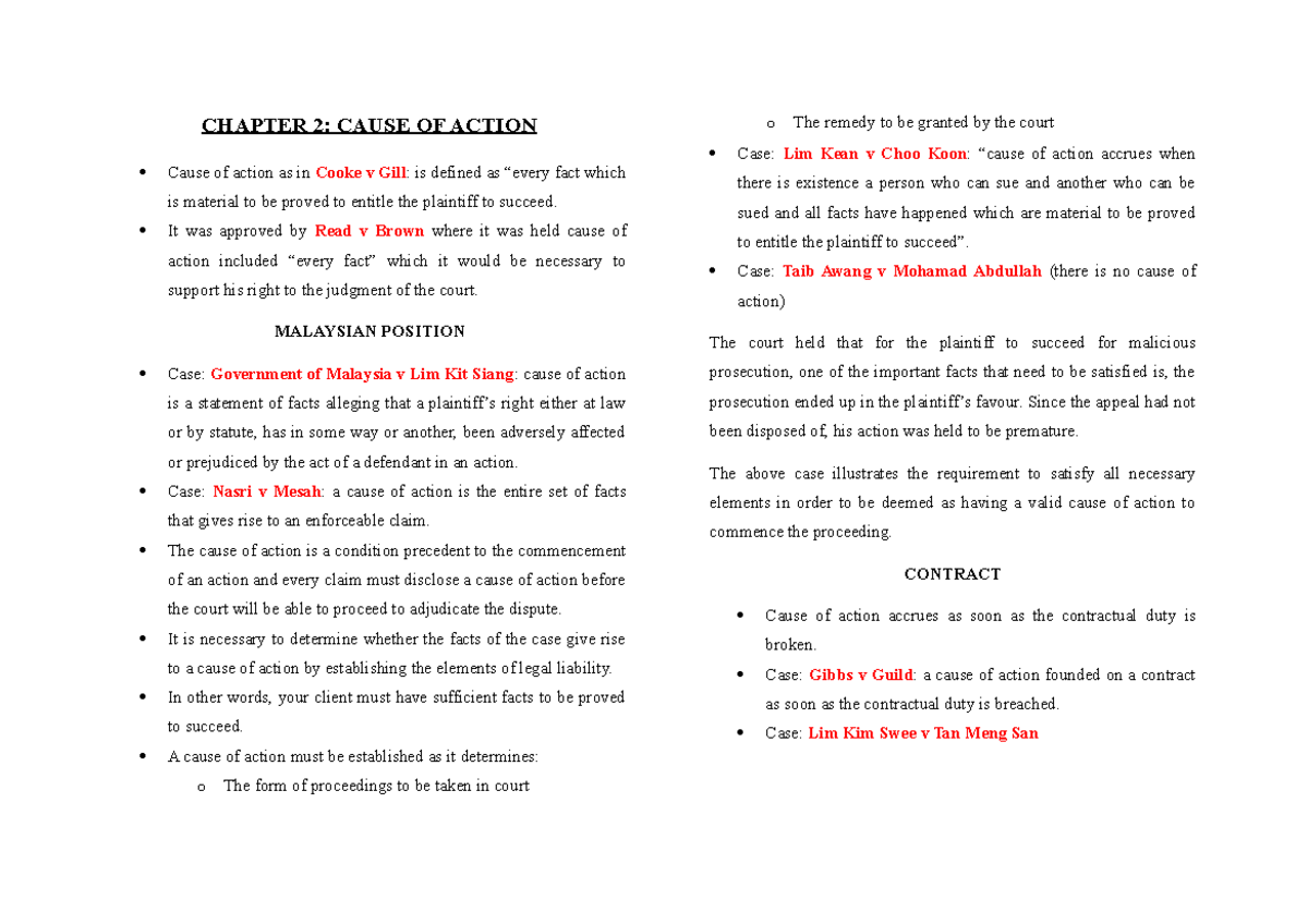 Notes On Civil Procedure CHAPTER 2 CAUSE OF ACTION Cause Of Action
