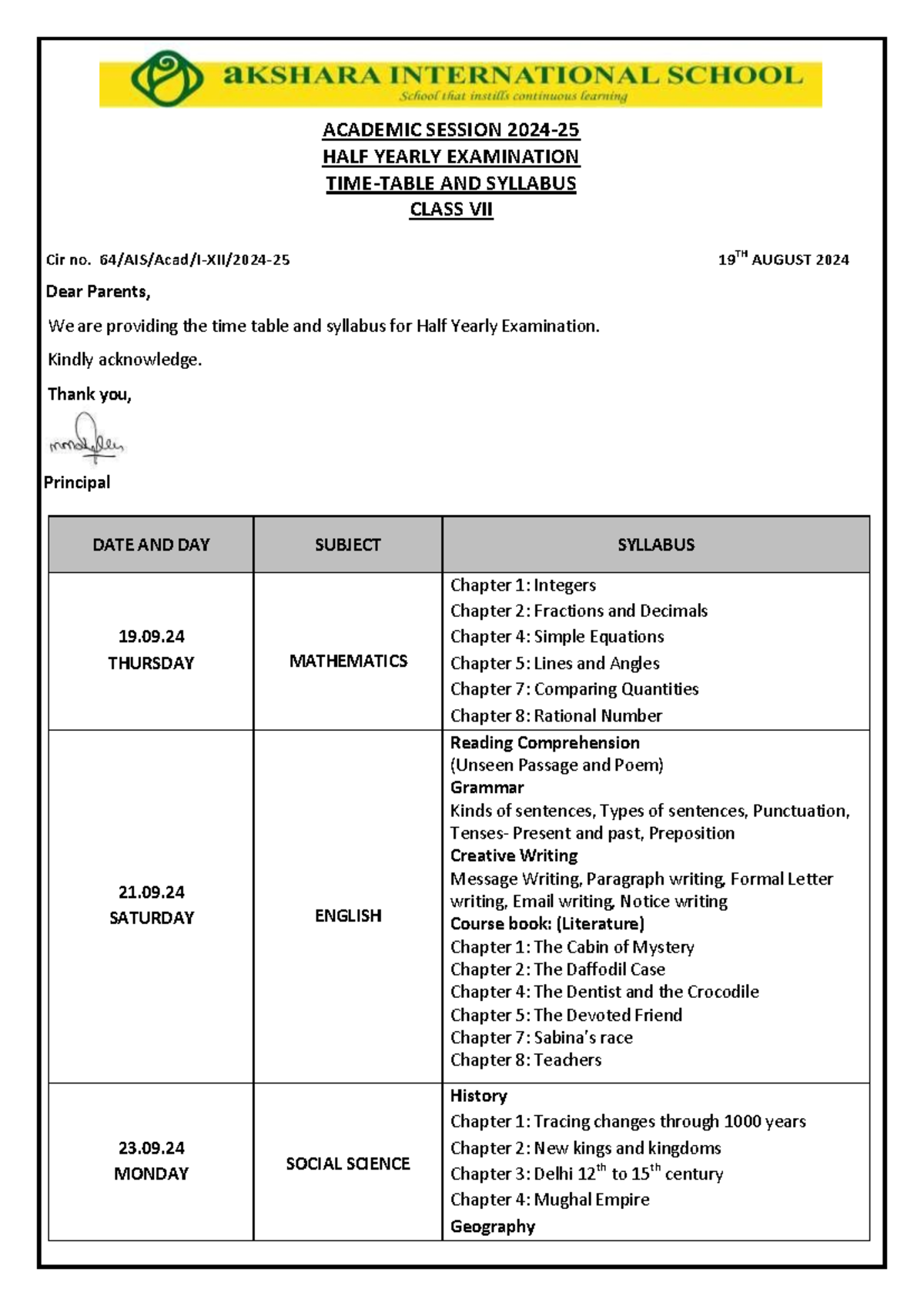 AIS-64 Class 7 HYL Syllabus 2024-25 - ACADEMIC SESSION 2024- HALF YEARLY EXAMINATION TIME-TABLE ...