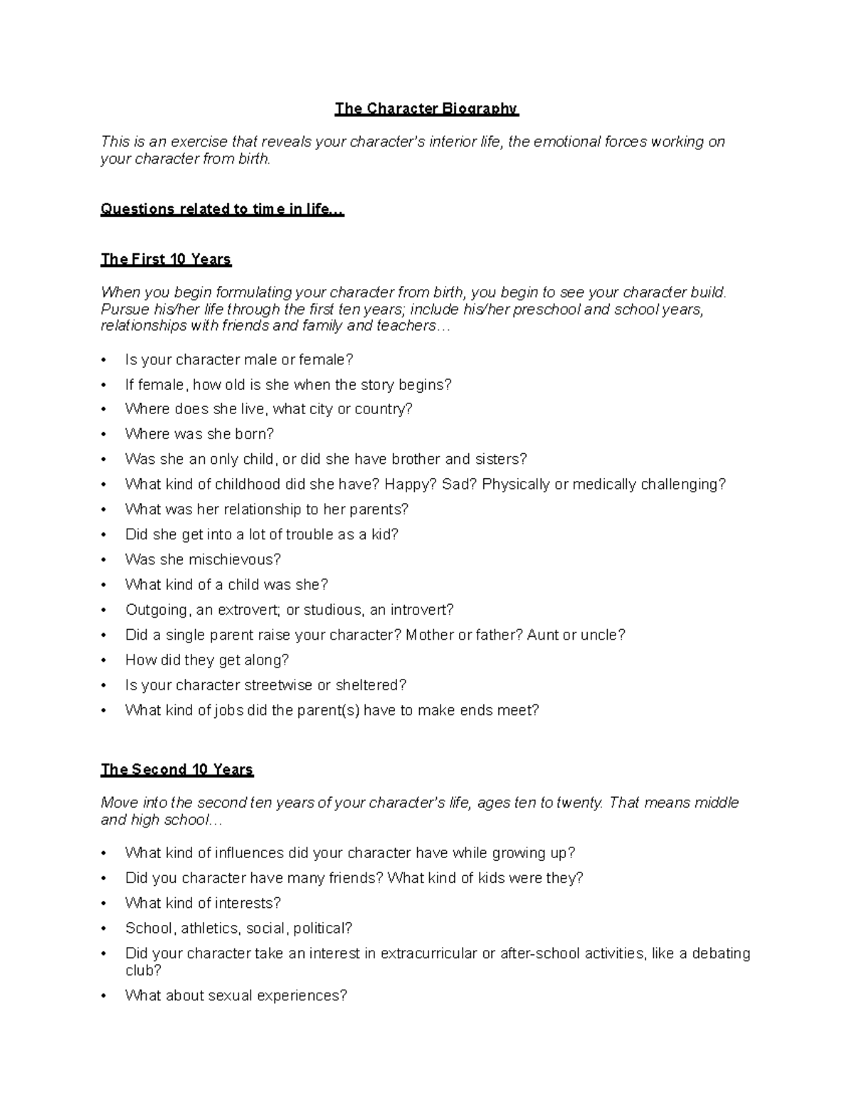 Character Worksheet 1 Three Character Questionnaires - The Character ...