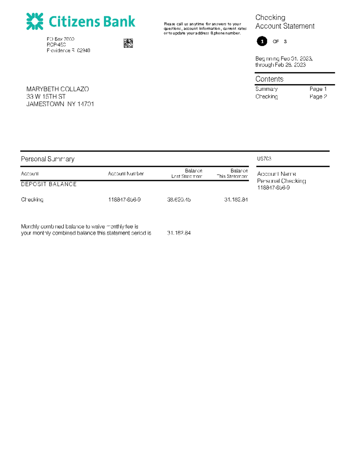 Marybeth Collazo Citizens Bank Statement - 1 Please call us anytime for ...