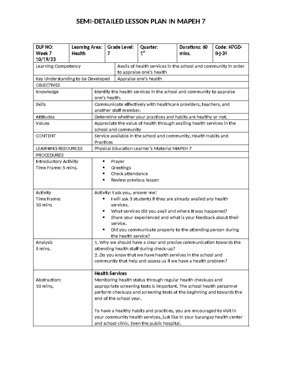 Health-7 - SEMI-DETAILED LESSON PLAN IN MAPEH 7 DLP NO: Week 7 10/19 ...