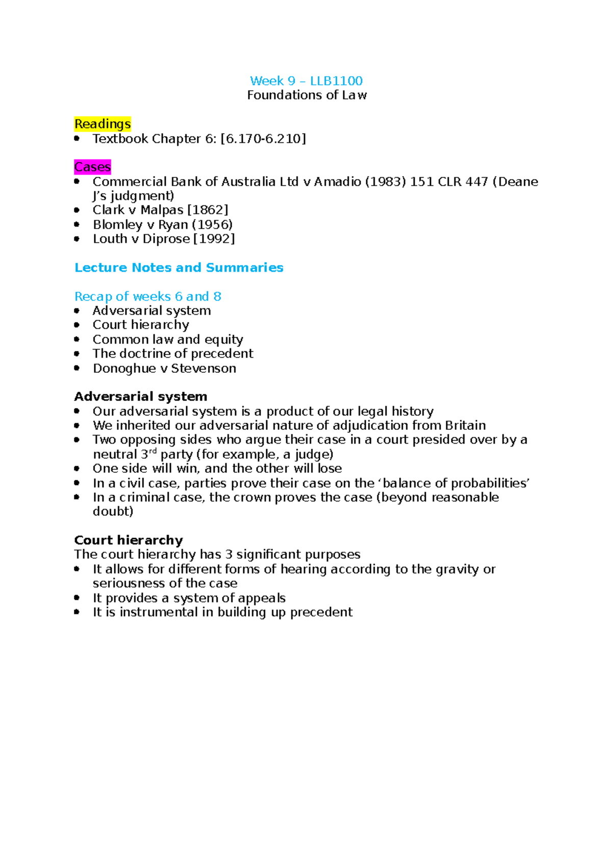 Week 9 - LLB1100 - Week 9 - Week 9 – LLB Foundations of Law Readings ...