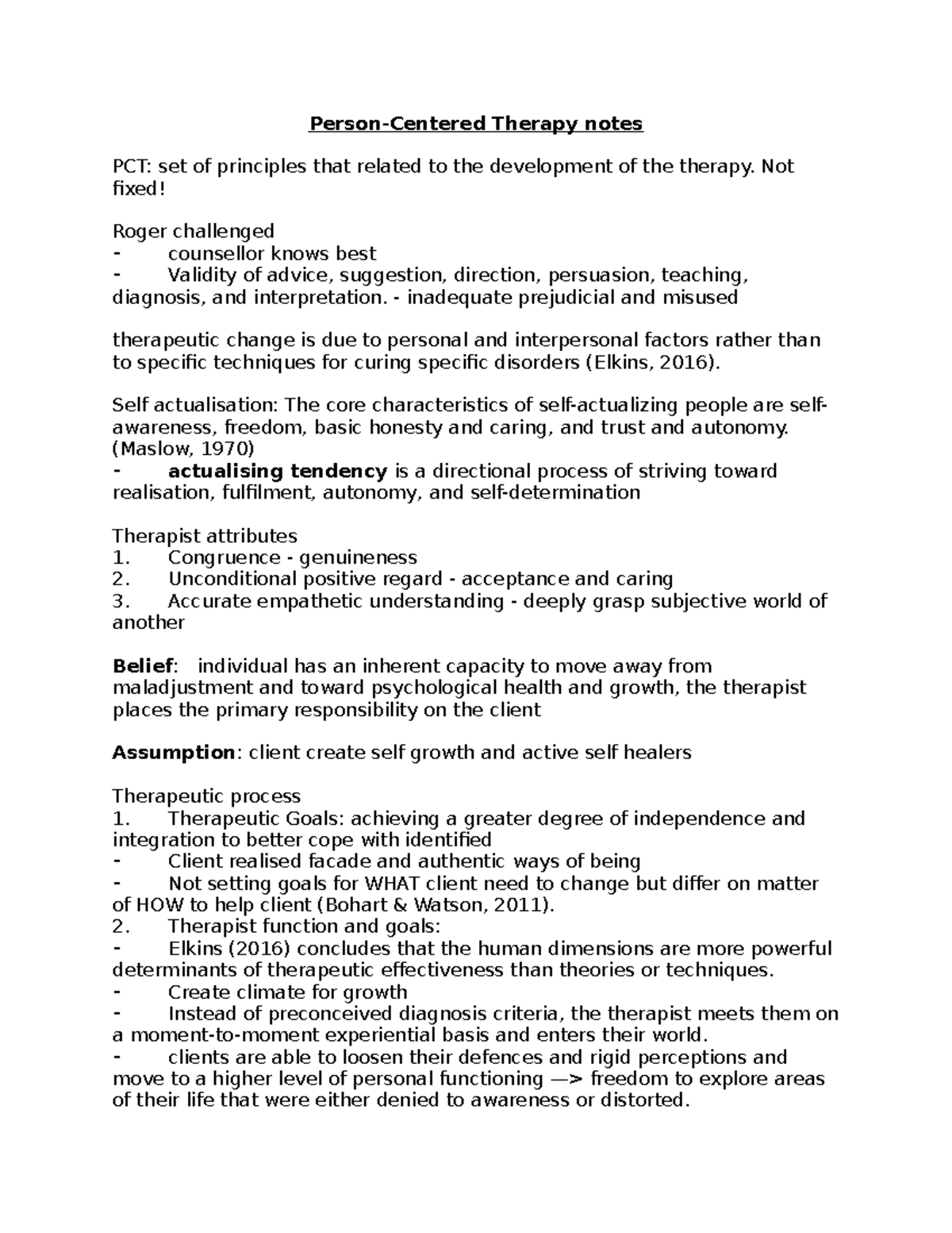 PCT Notes - Introduction to Counselling - PSY3120 - StuDocu