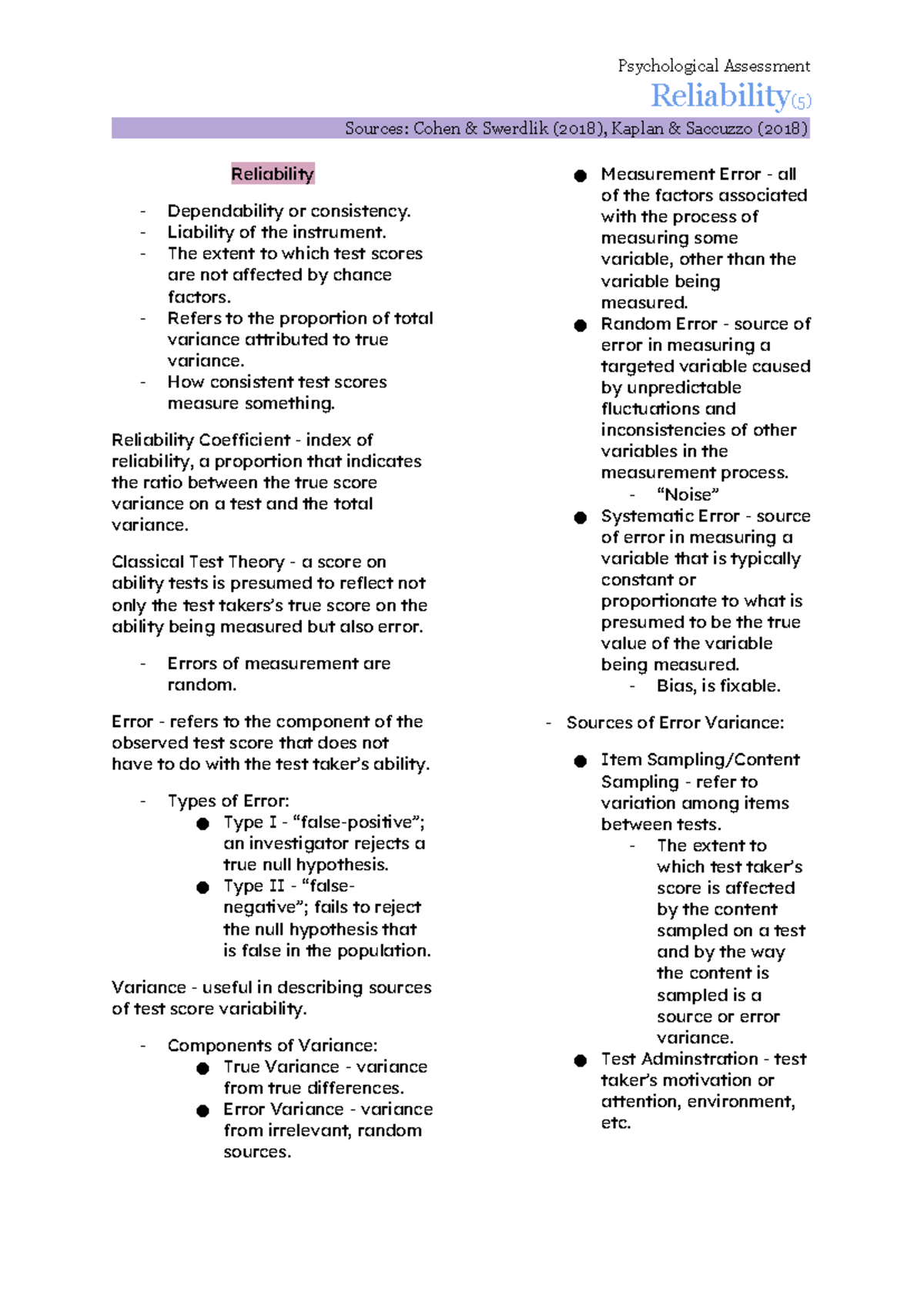 Reliability - Psych Assess Notes - Reliability(5) Sources: Cohen ...